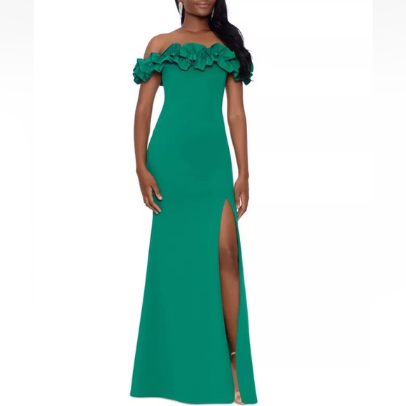 Xscape | Dresses | Xscape Womens Ruffled Offtheshoulder Gown Green ...